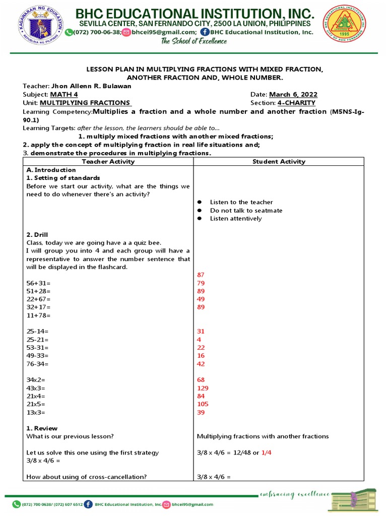 Multiplying Mixed Fractions Lesson Plan | PDF | Behavior Modification ...