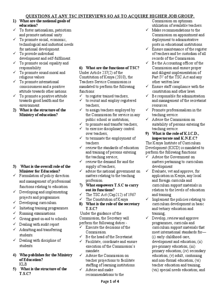 TSC Interview Notes | PDF | Curriculum | Teachers