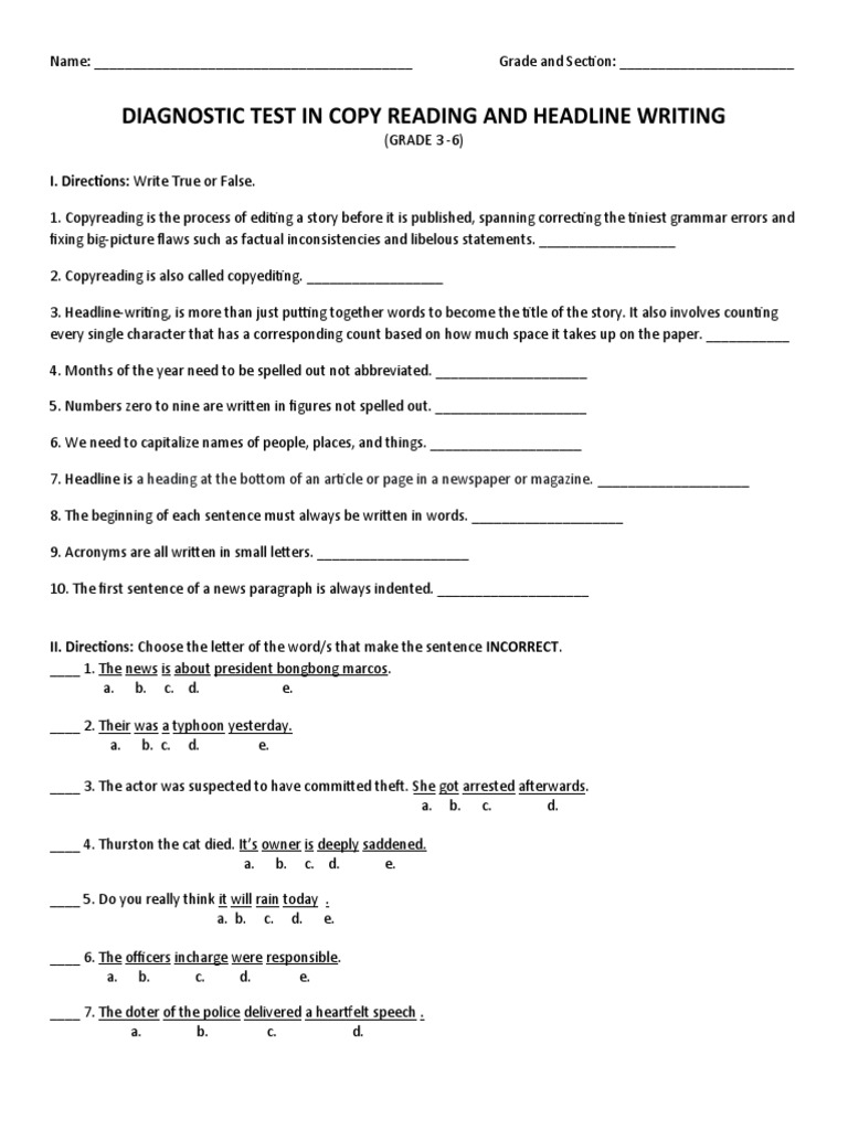 Diagnostic Test in Copy Reading and Headline Writng | PDF | Paragraph ...