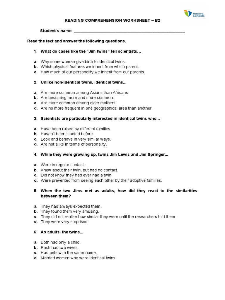 B2 - Lesson 3 - Reading Comprehension Worksheet | PDF | Twin ...