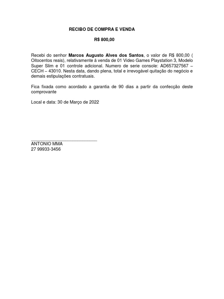 Recibo de Compra e Venda Marcos PS3 PDF | PDF