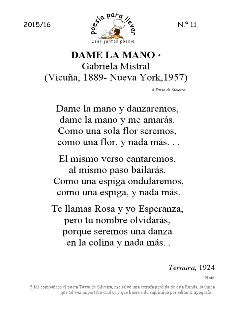 Dame la mano: Una poesía de Gabriela Mistral sobre la unión y el amor | PDF