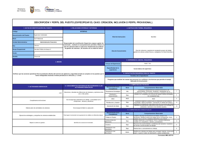 Formato-de-Descripcion-y-Perfil-de-Puestos - Supervisor Motorizado | PDF