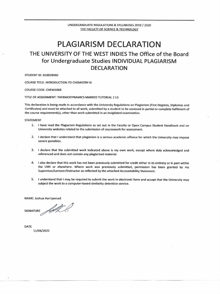 Plagiarism Declaration Form PDF | PDF