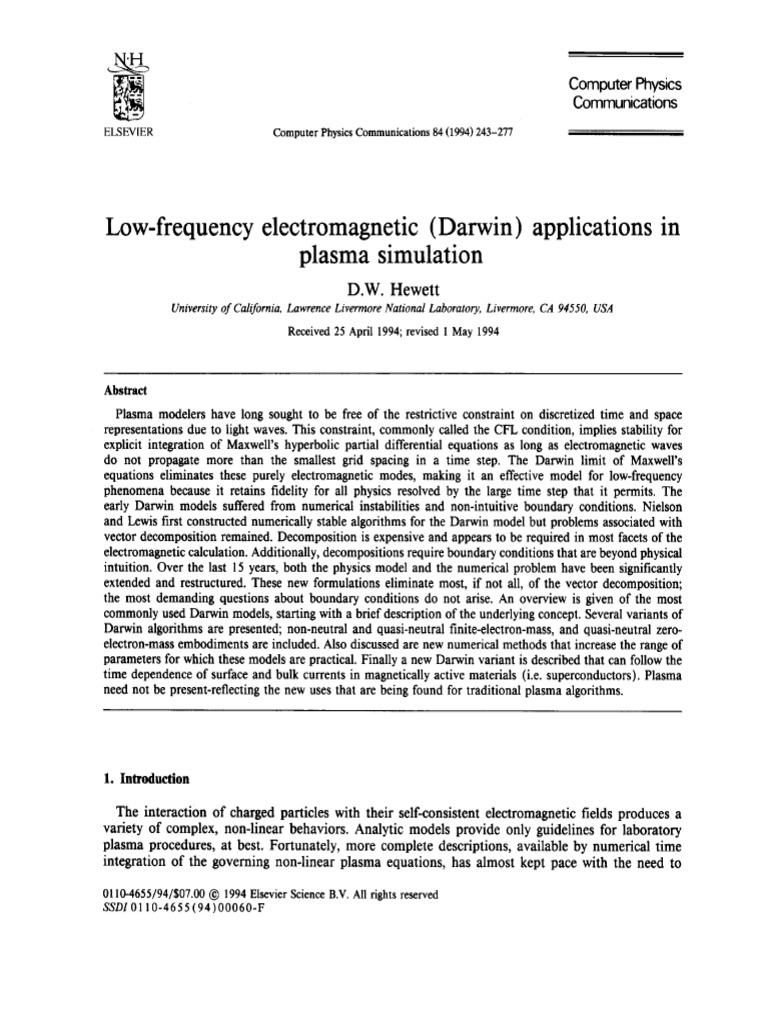 Low-Frequency Electromagnetic (Darwin) Applications in Plasma ...