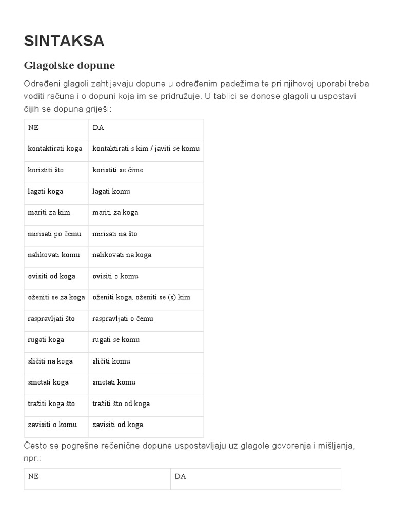 Sintaksa: Glagolske Dopune | PDF