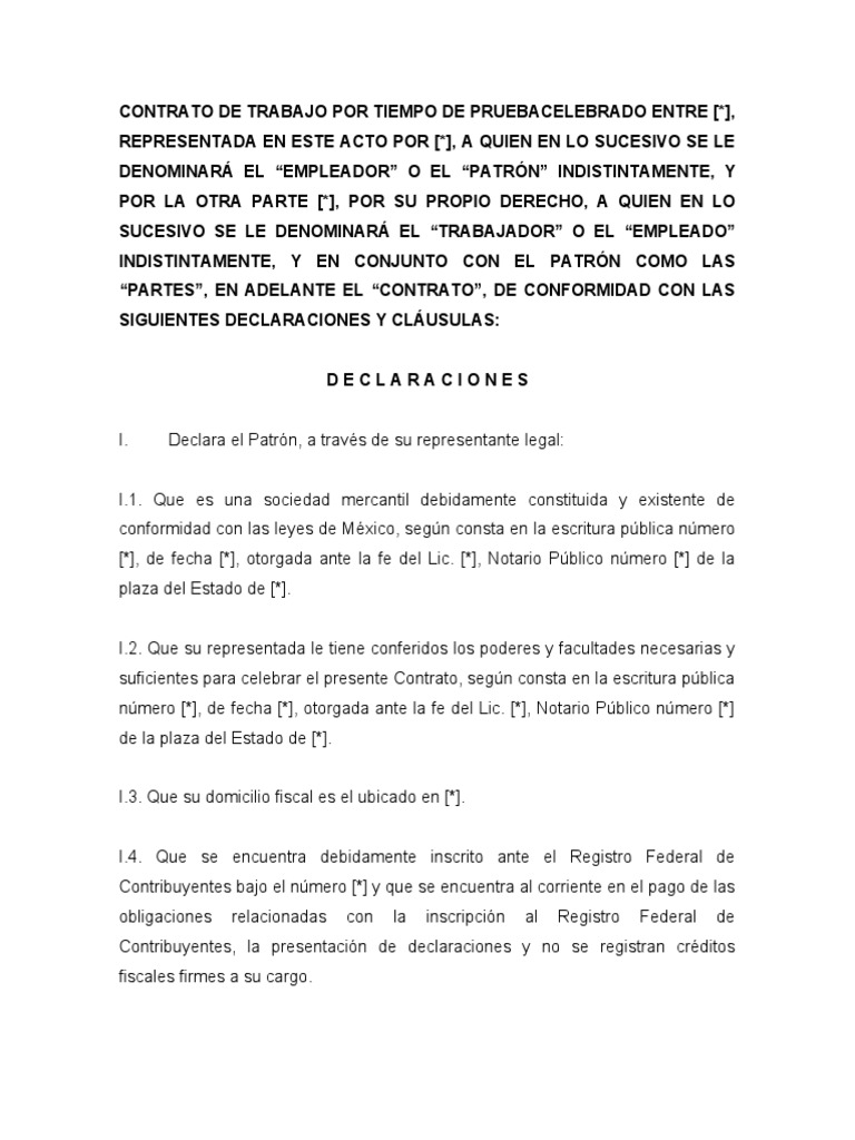 Machote de Contrato Individual de Trabajo Por Tiempo de Prueba | PDF | Derecho laboral | Salario