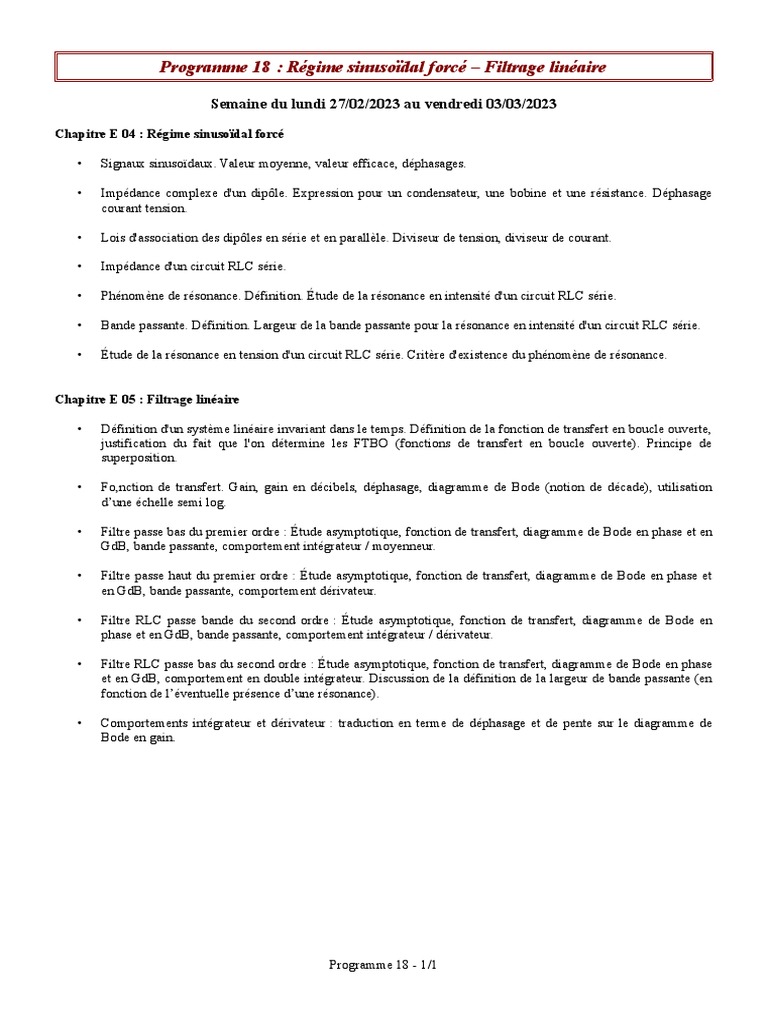 Régime Sinusoïdal et Filtrage Linéaire | PDF