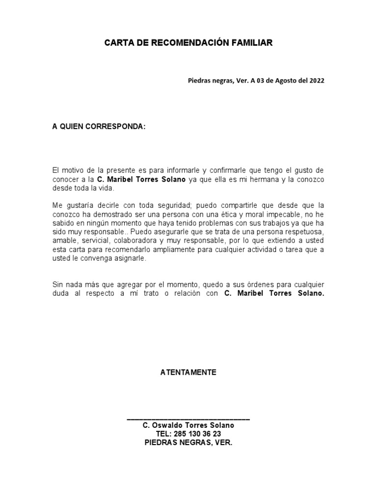 Carta de Recomendación Familiar | PDF