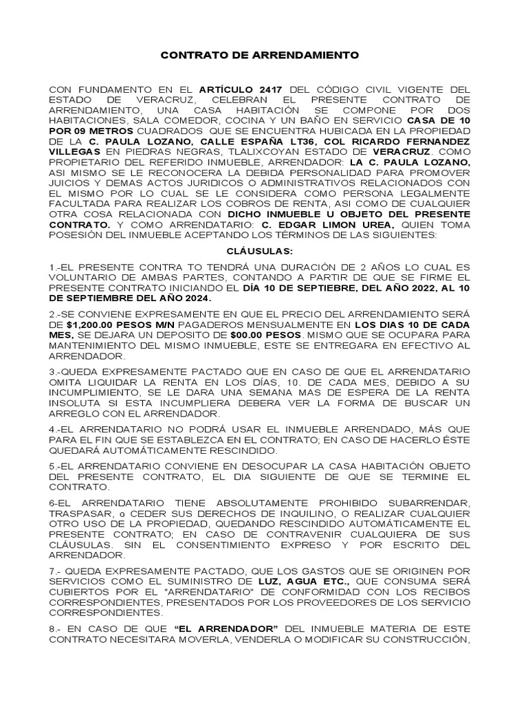 Contrato de Arrendamiento Edgar Limon Urea | PDF