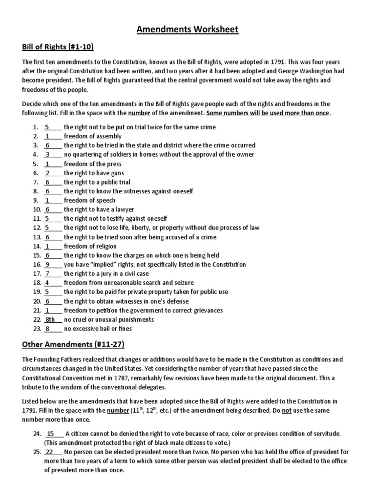 Bill Of Rights Worksheet Text Answers Bill Of Rights Worksheet With