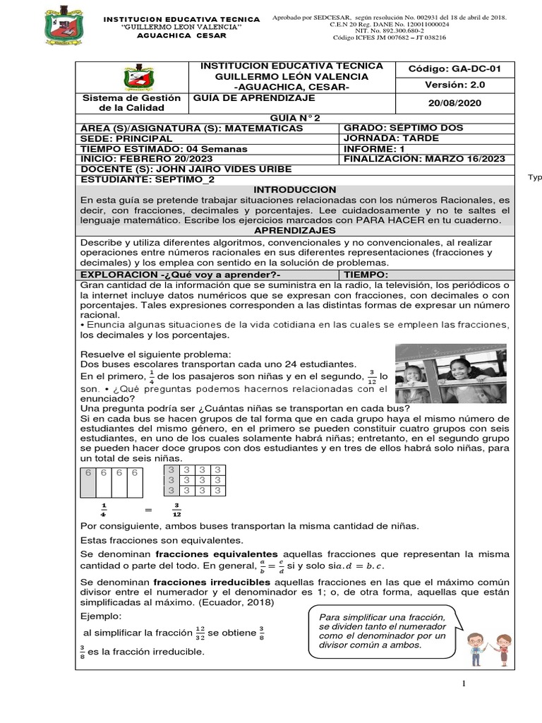 Guia 2. Séptimo | PDF | Número racional | División (Matemáticas)