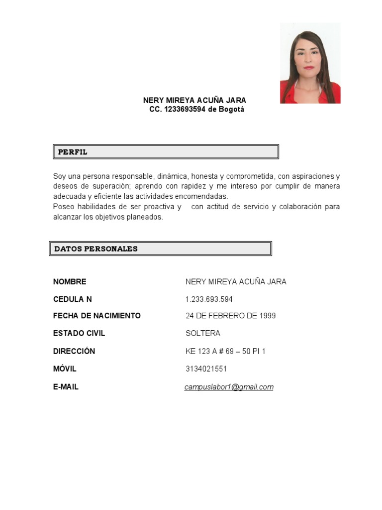 Hoja de Vida Nery Acuña 2018 | PDF