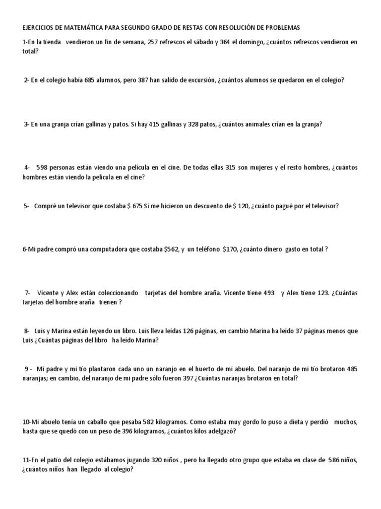 Ejercicios de Matemática para Segundo Grado de Restas Con Resolución de ...