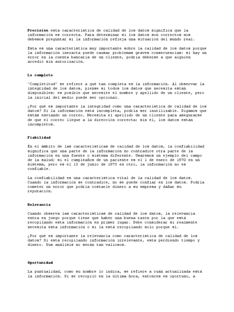 Precisión Esta Característica de Calidad de Los Datos Significa Que La ...