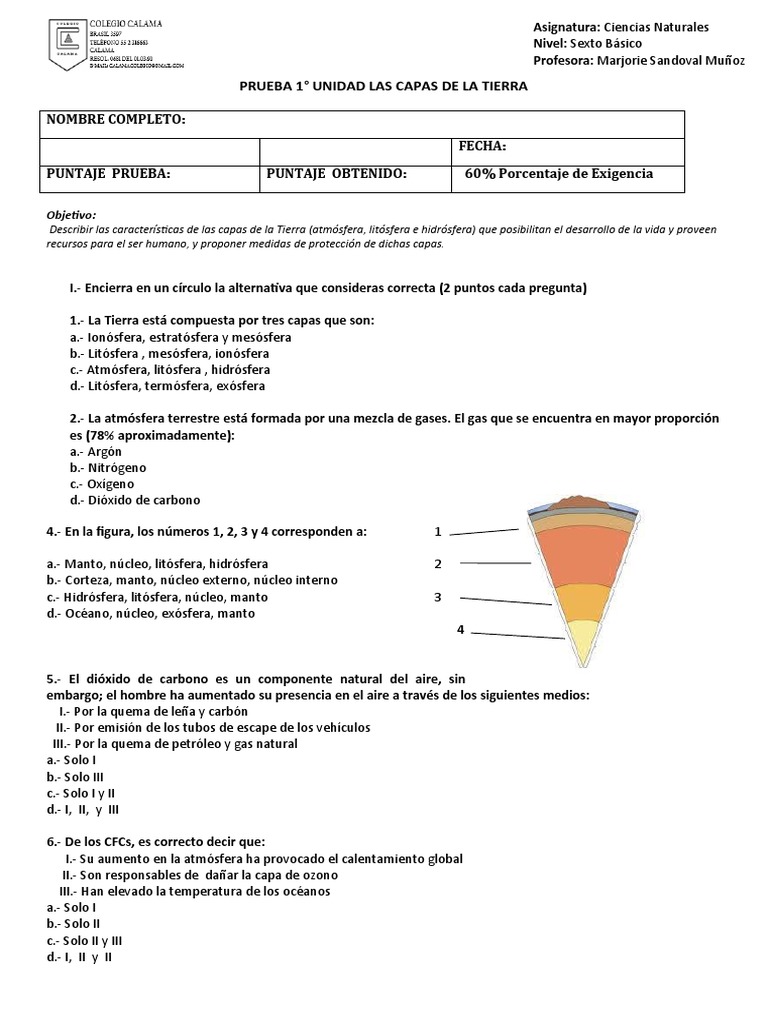 Prueba sobre las Capas de la Tierra 6° Básico | PDF | Tierra | Atmósfera