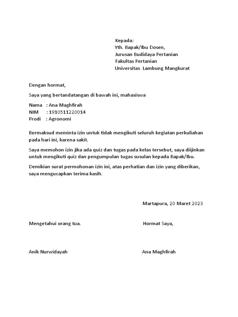 PERMOHONAN IZIN TIDAK MENGIKUTI KEGIATAN PERKULIAHAN KARENA SAKIT | PDF