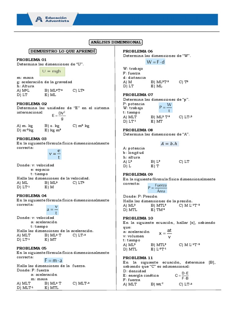 Análisis Dimensional - Ficha de Trabajo - 2do Sec | PDF | Fuerza | Masa