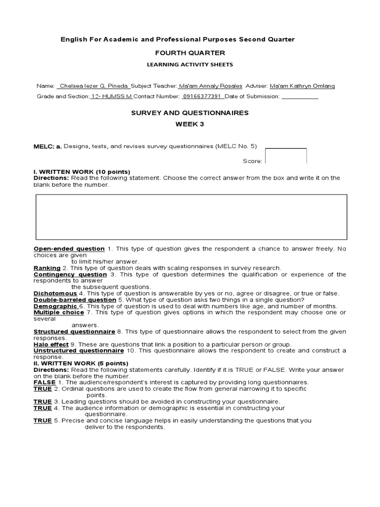 Week 3 - Eapp (12-Humss M) | PDF | Questionnaire | Survey Methodology