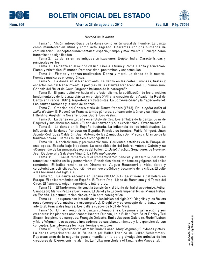 Historia de La Danza Boe 2015 Temario | PDF | Ballet | Bailes