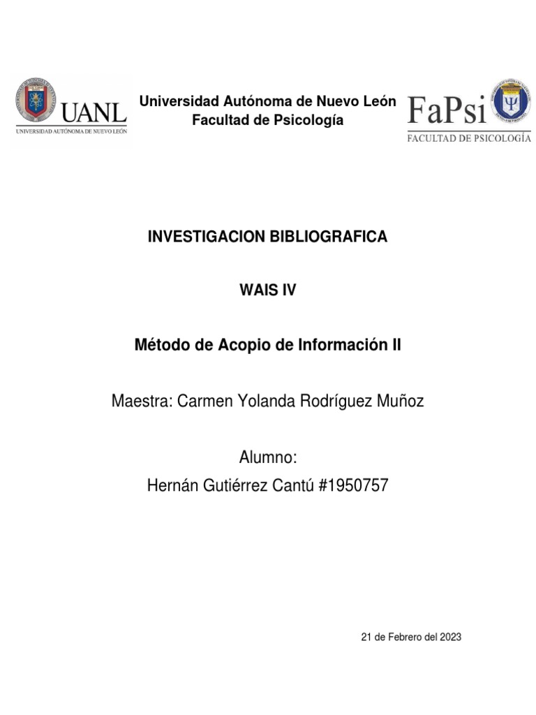 Investigacion Bibliografica Sobre El Wais Iv | PDF | Cognición | Ciencia cognitiva