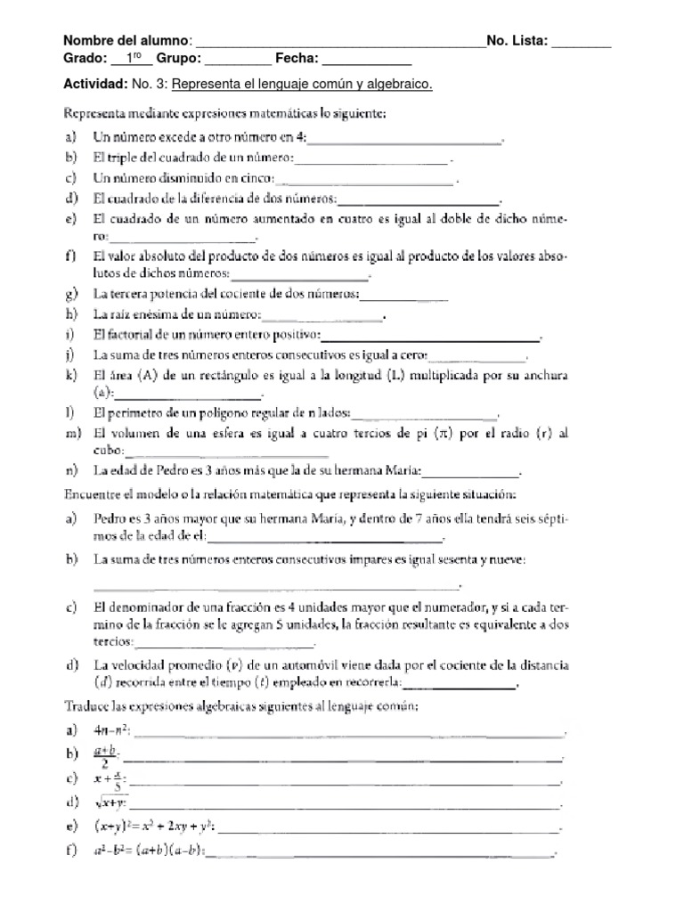 A3 Ejercicios Representa El Lenguaje Comun y Algebraico | PDF