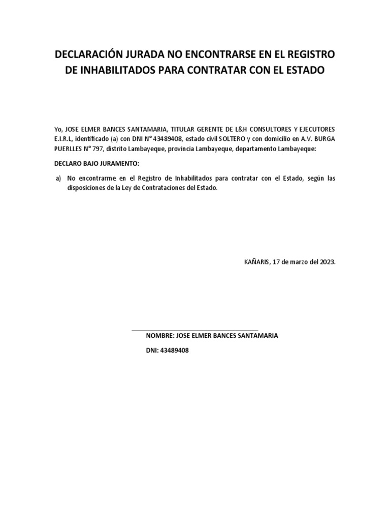Declaración Jurada No Encontrarse en El Registro de Inhabilitados ...