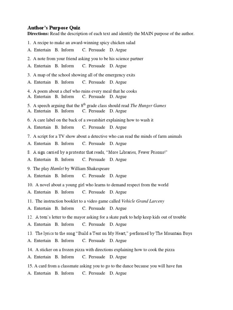 Author's Purpose Quiz for Students | PDF | Poetry