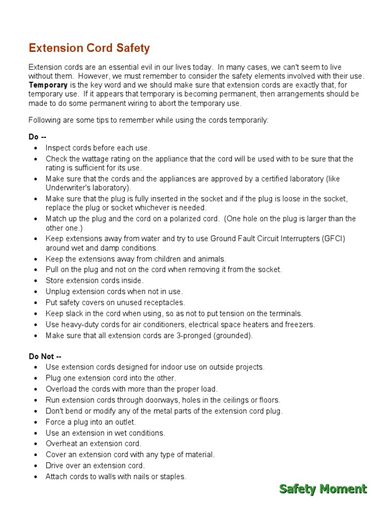 Extension Cord Safety Tips | PDF | Ac Power Plugs And Sockets ...
