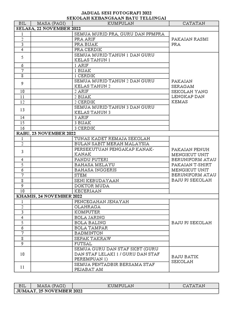 Jadual Fotografi SKBT 2022 | PDF