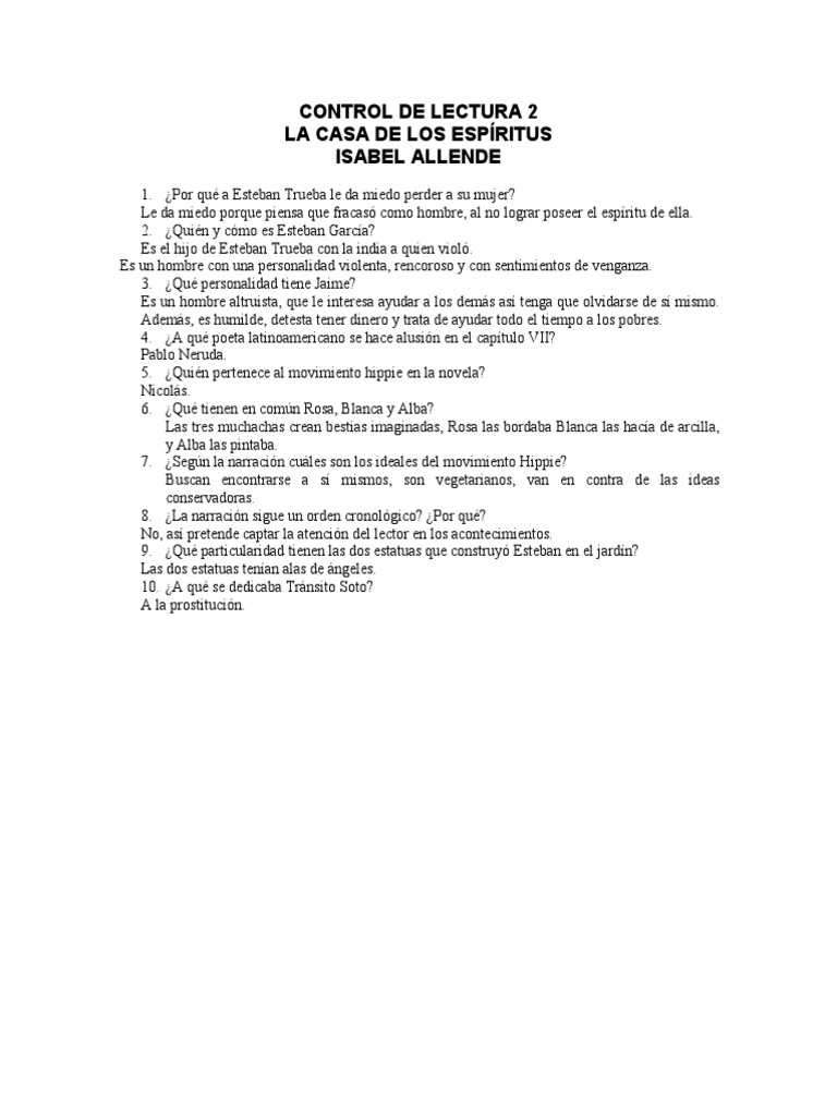 Control de Lectura 2 La Casa de Los Espíritus | PDF | Ficción general