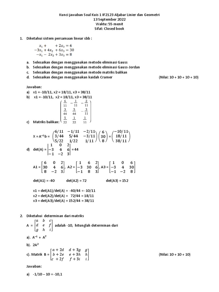 Solusi Kuis1 Algeo 2022 PDF | PDF