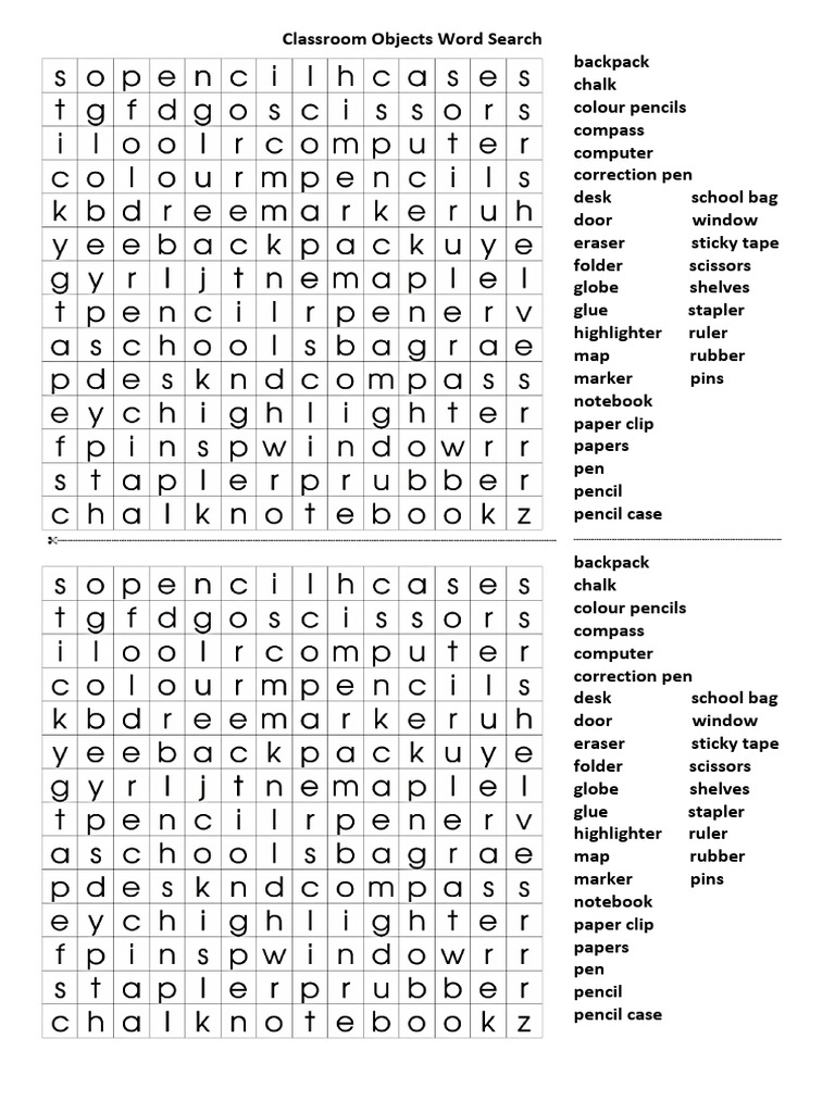 Classroom Objects Word Search Puzzle | PDF | Conservation And ...