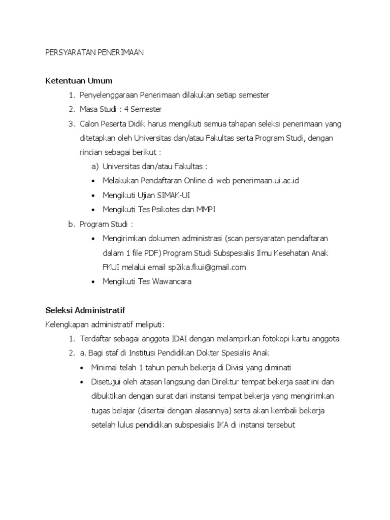 Persyaratan Penerimaan SP2 Anak Ui | PDF | Sains & Matematika