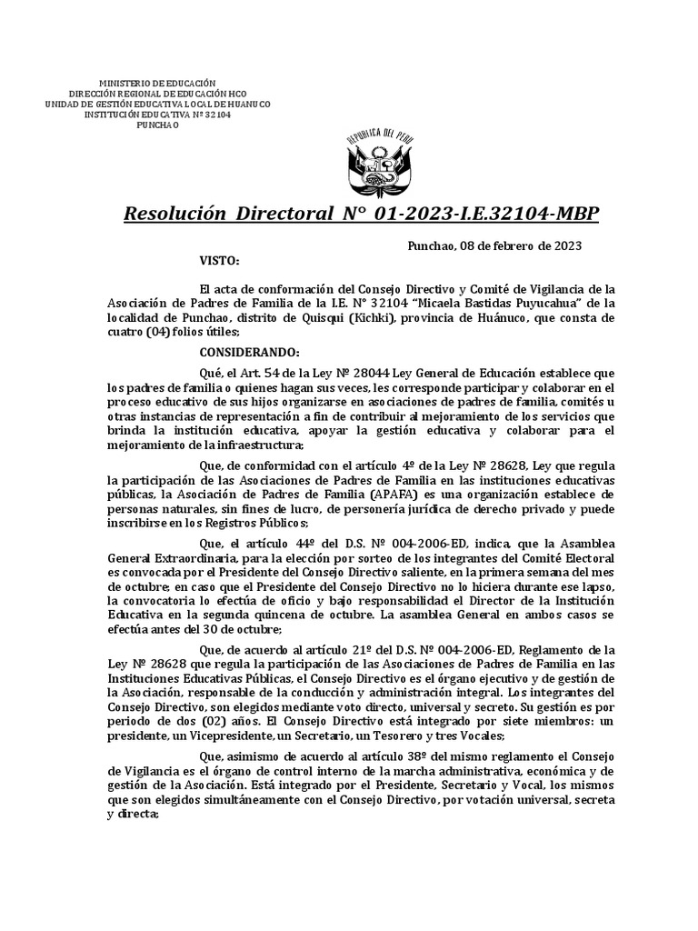 Resolución Directoral 01 Reconocimiento de APAFA | PDF | Gobierno