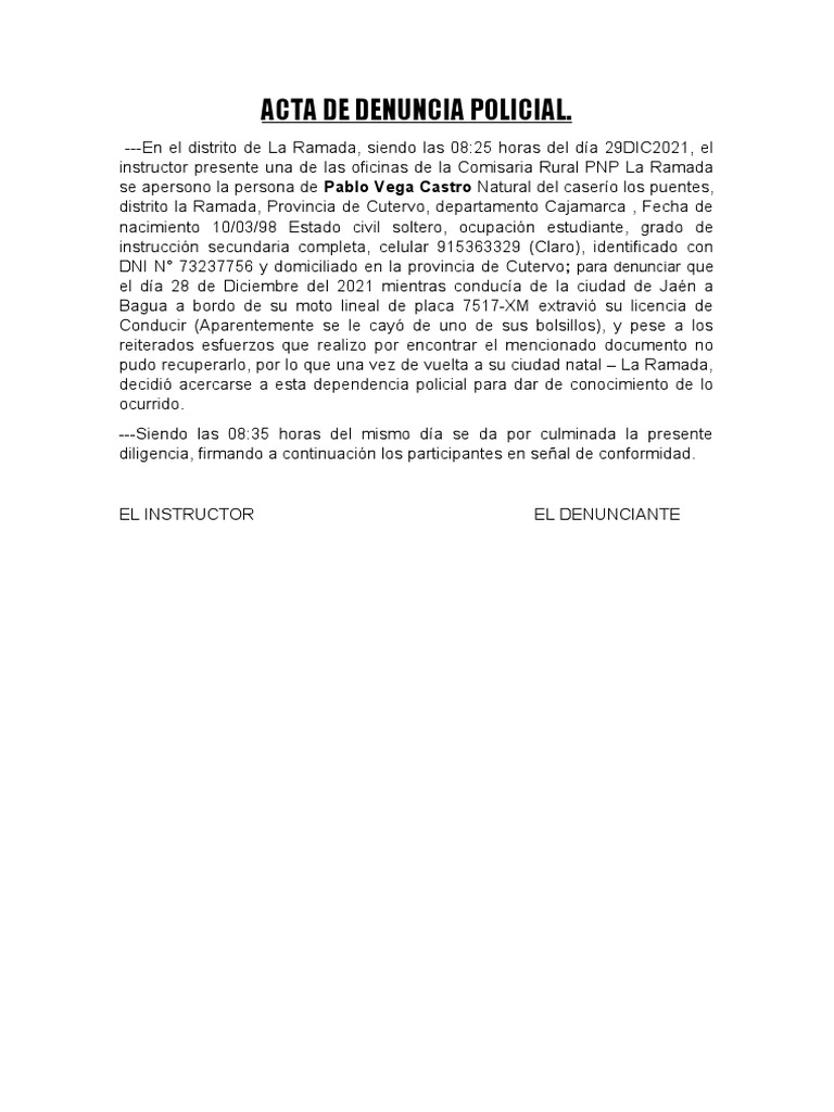 Acta De Denuncia Por Pérdida De Licencia Pdf