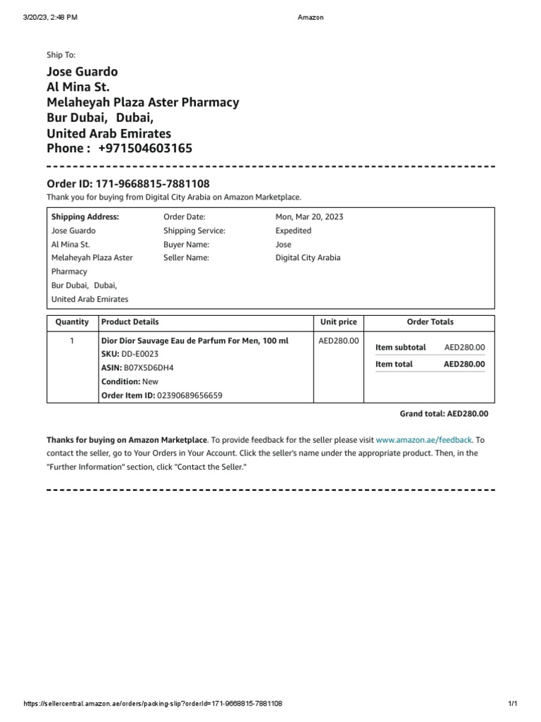 Order Confirmation for Dior Sauvage Perfume Purchased on Amazon ...