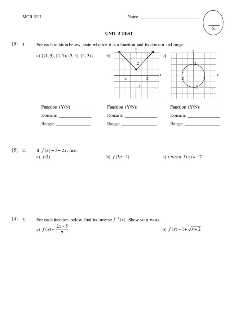 Mcr 3ui Unit 3 Test Pdf Function Mathematics Cartesian Coordinate System
