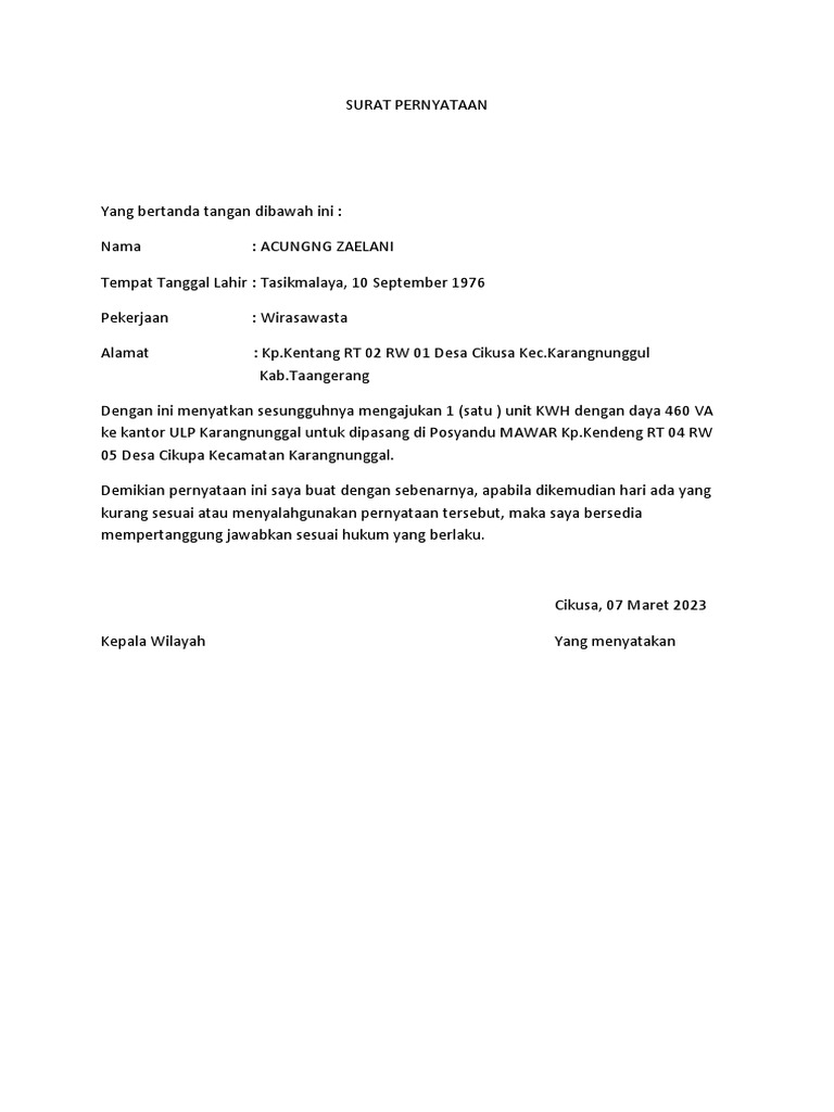 Surat Pernyataan Pengajuan KWH | PDF