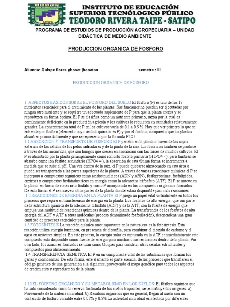 TAREA DE MEDIO AMBIENTE (FOSFORO) LLL Semestre | PDF | Suelo | Fósforo TAREA DE MEDIO AMBIENTE (FOSFORO) LLL Semestre | PDF | Suelo | Fósforo
