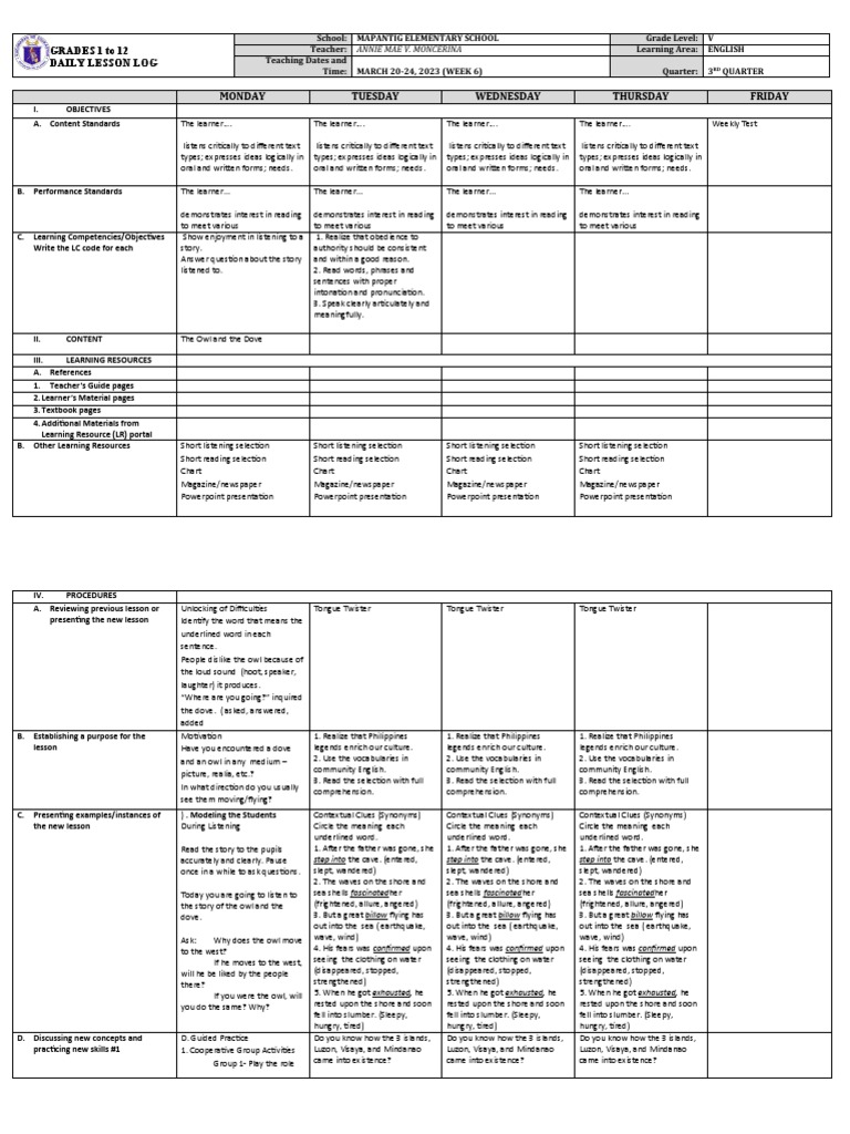 Daily Lesson Log for Grade 5 English | PDF | Learning | Cognition