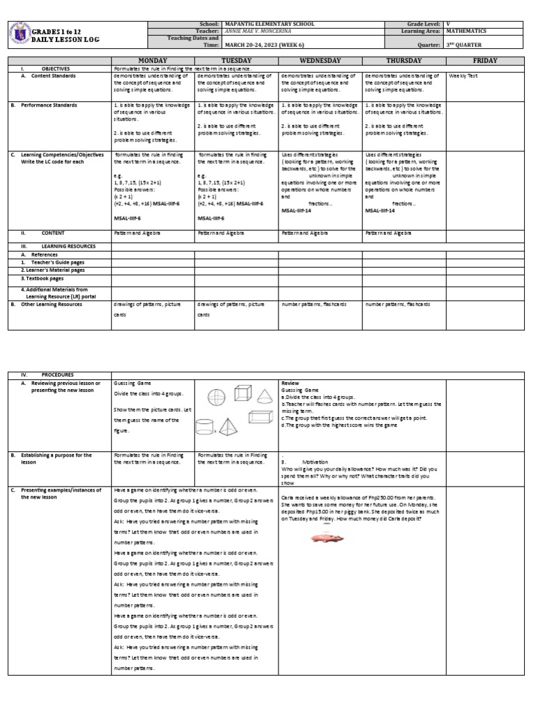 DLL - Mathematics 5 - Q3 - W6 | PDF | Flashcard | Cognitive Science
