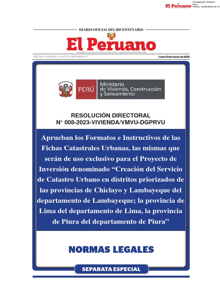 Aprueban Los Formatos e Instructivos de Las Fichas Catastral Resolucion Directoral N 008 2023 ...