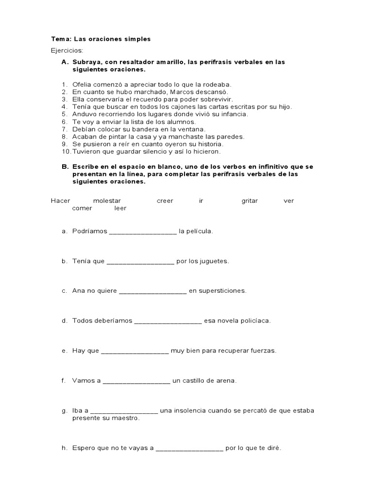 Ejercicios Oraciones Simples | PDF