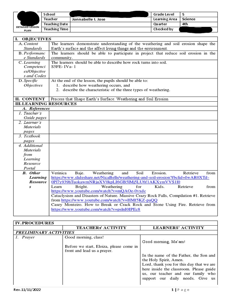 Grade 5 Weathering Lesson Plan | PDF | Weathering | Rock (Geology)