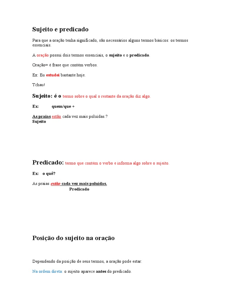 Sujeito e Predicado | PDF | Assunto (gramática) | Predicado (gramática)