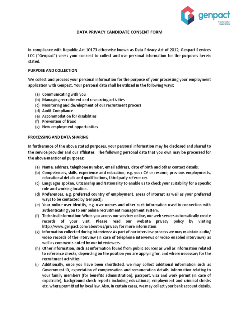 Data Privacy Candidate Consent Form | PDF | Privacy | Information Privacy
