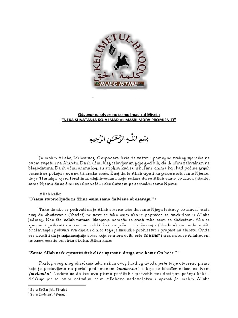 Odgovor Na Otvoreno Pismo Imada Al Misrija | PDF