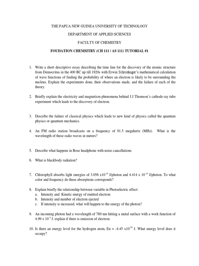 CH 111 Tutorial 1 PDF | Download Free PDF | Electron | Photon