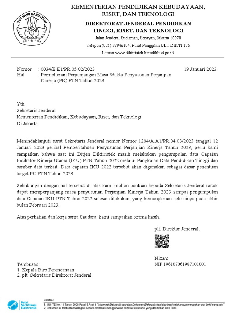 Permohonan Perpanjangan Masa Waktu Penyusunan PK PTN 2023 | PDF Permohonan Perpanjangan Masa Waktu Penyusunan PK PTN 2023 | PDF
